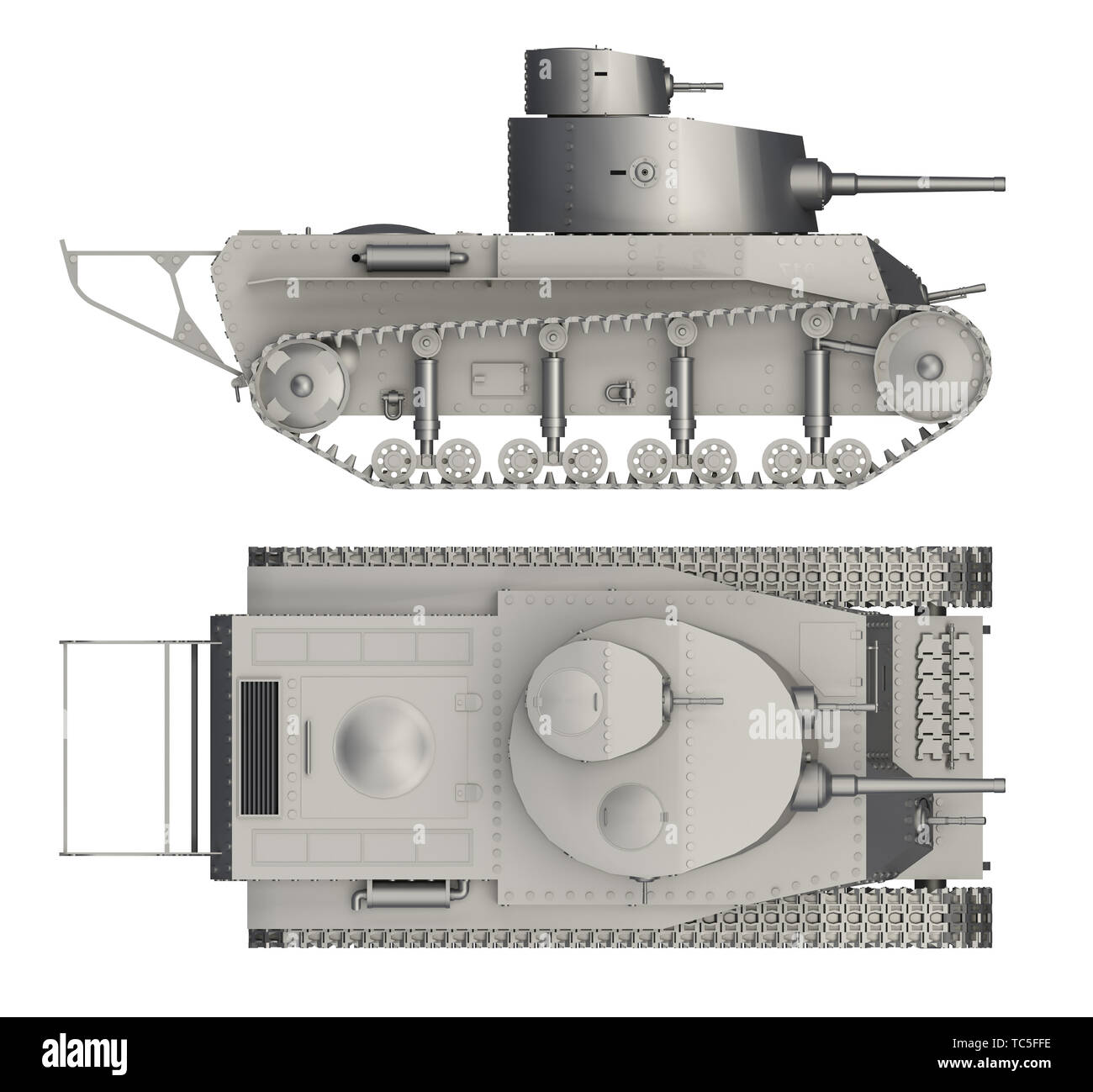 military tank side and top view isolated on white. 3d rendering Stock ...