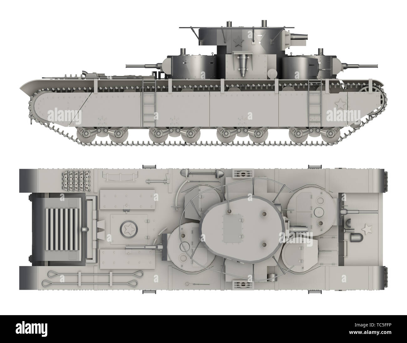military long tank side and top view isolated on white. 3d rendering ...