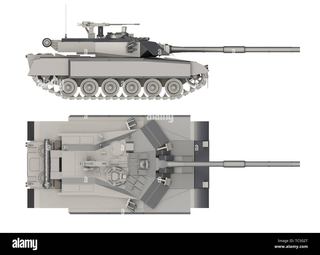 military tank side and top view isolated on white. 3d rendering Stock ...