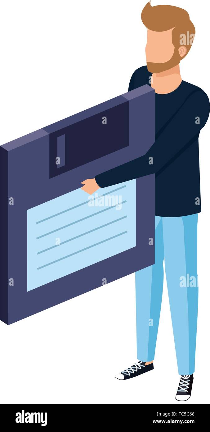 young man lifting floppy disk data storage Stock Vector Image & Art - Alamy
