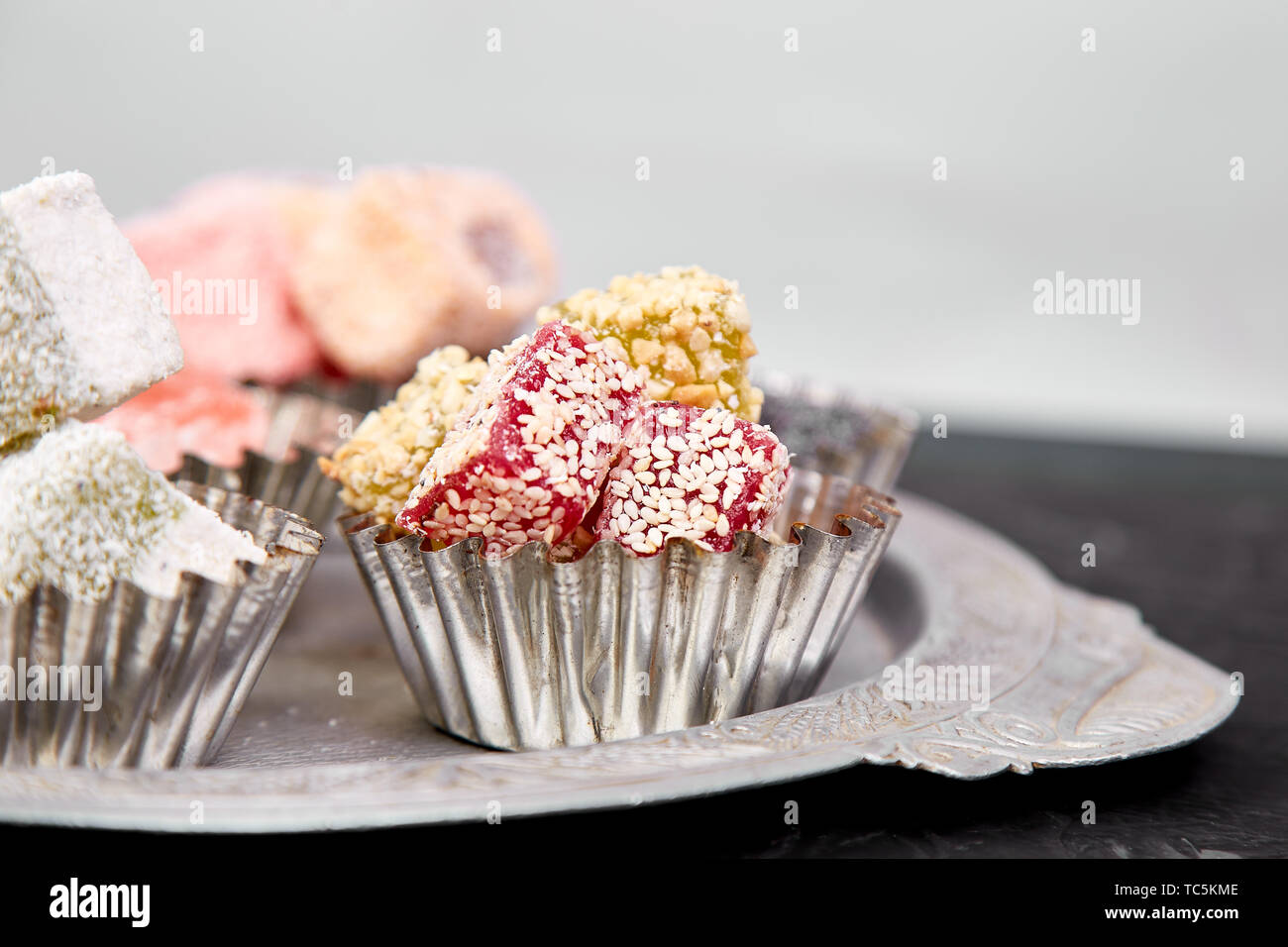 Set of various Turkish delight in bowl on metal tray Stock Photo - Alamy