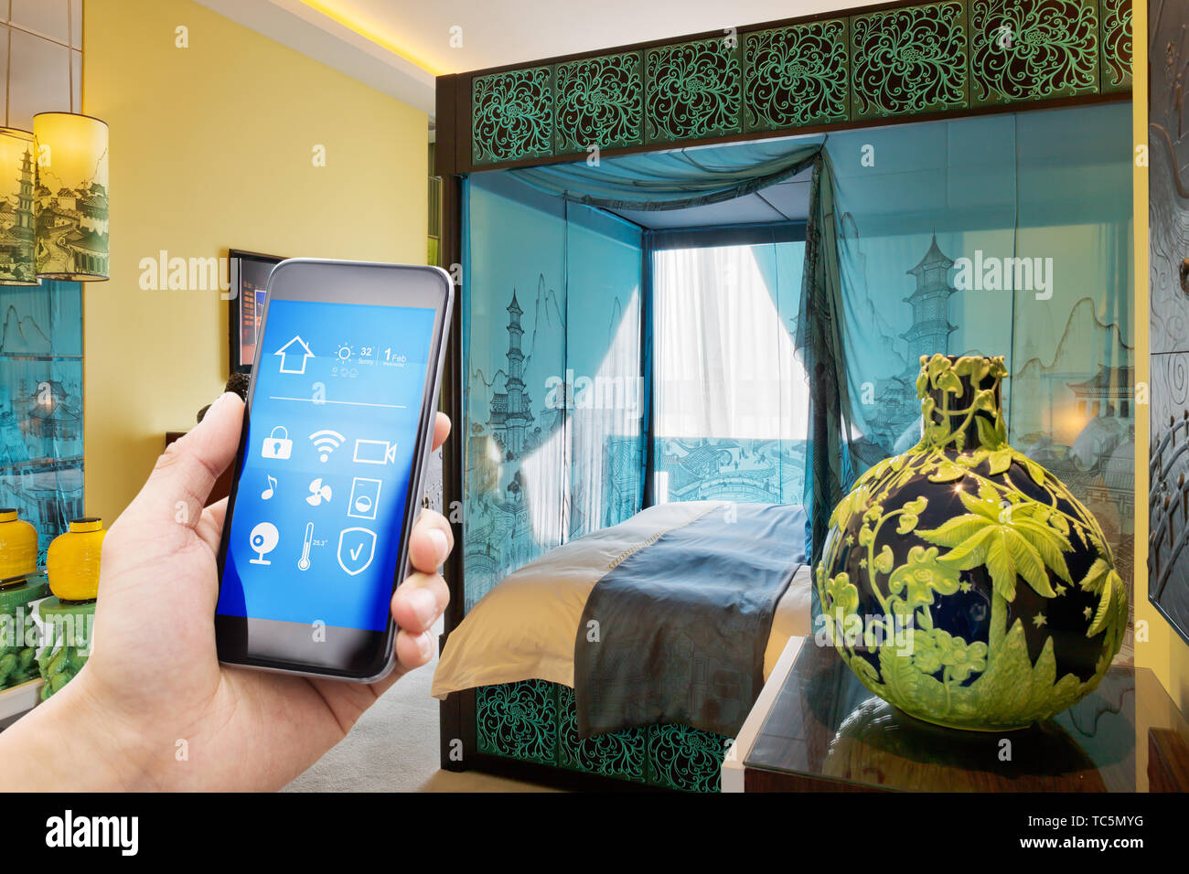 smart phone with smart home with modern bedroom Stock Photo - Alamy