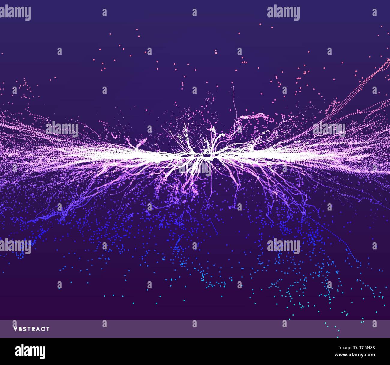 Point explode. Array with dynamic emitted particles. 3d technology style. Abstract background ...