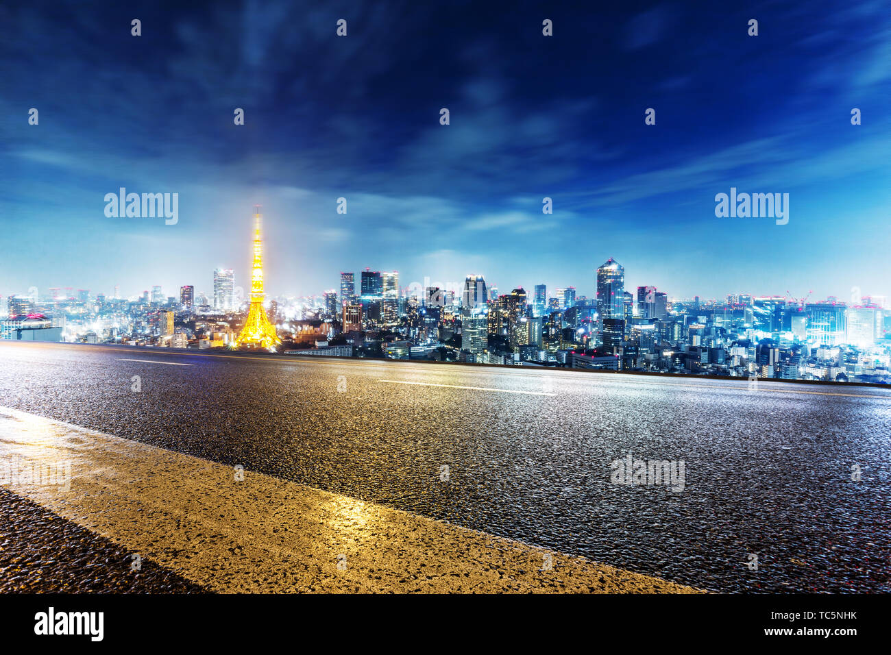 empty street with cityscape and skyline of tokyo at twilight Stock ...