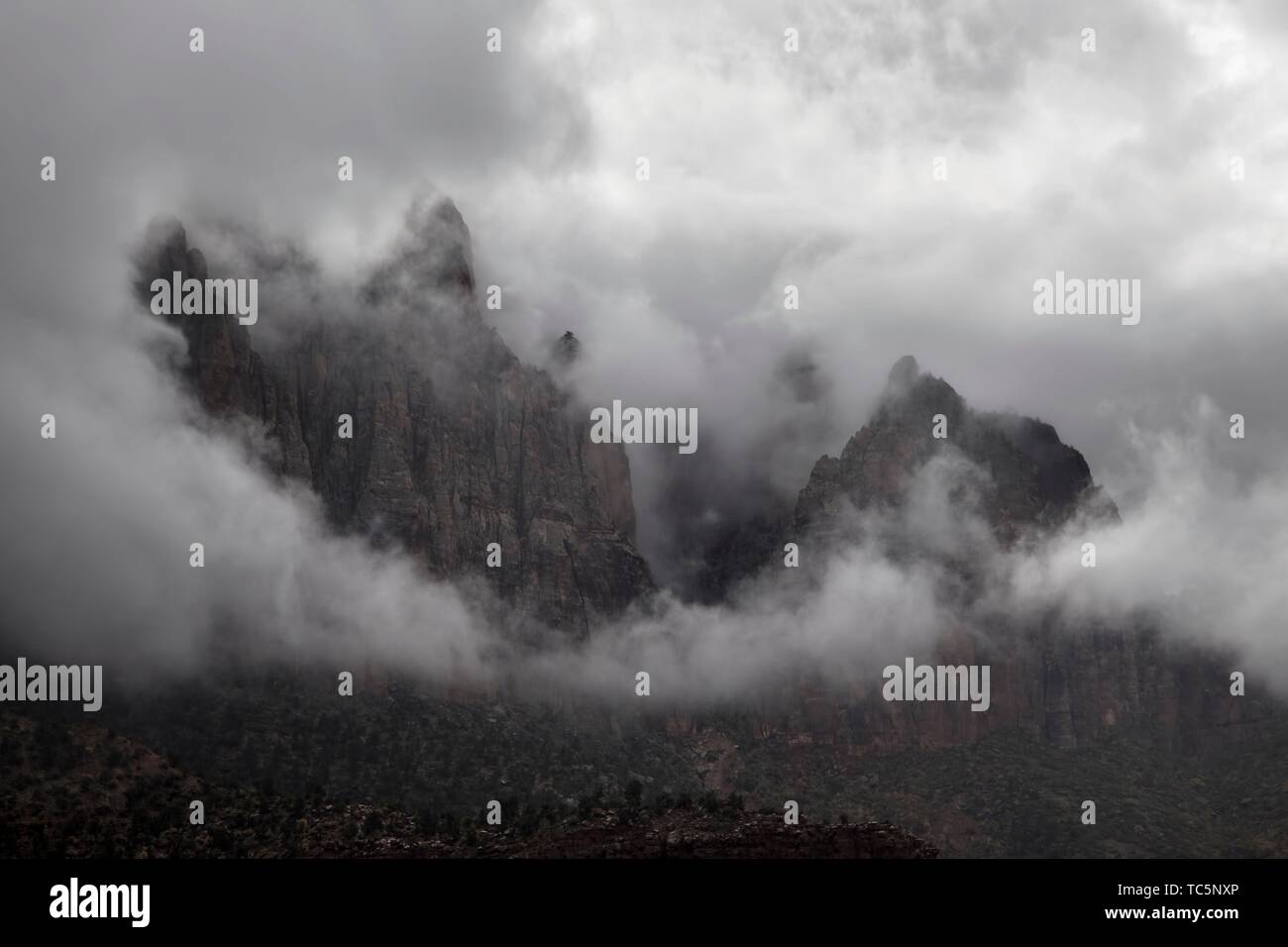 A passing rain storm brings clouds and fog to Zion Canyon at Zion ...