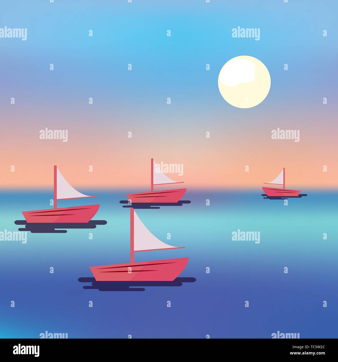 summer time holiday landscape sunset boats sea vector illustration ...