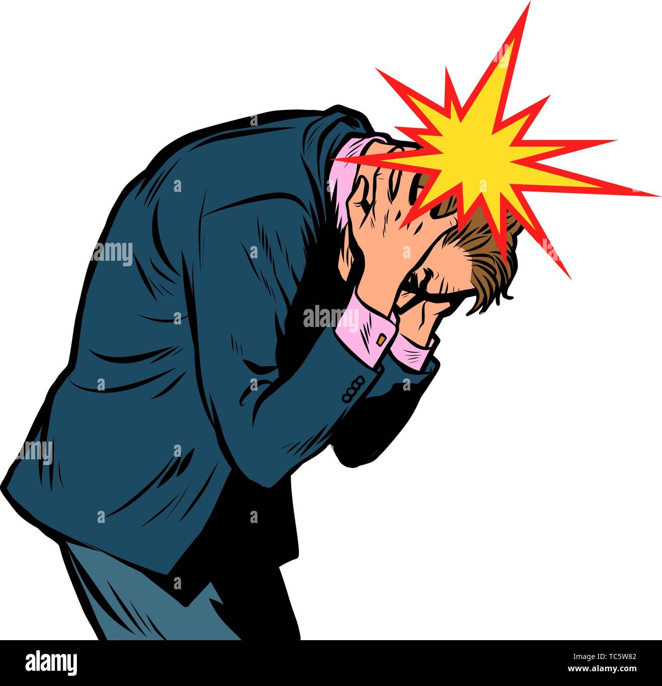 Severe headache, man clasped his head. Pop art retro vector ...
