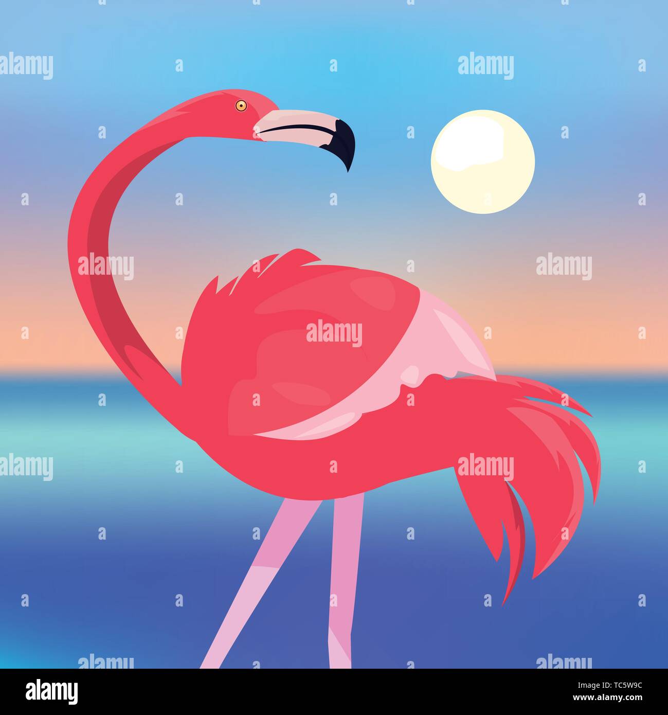 summer time holiday flamingo sunset sea background vector illustration ...
