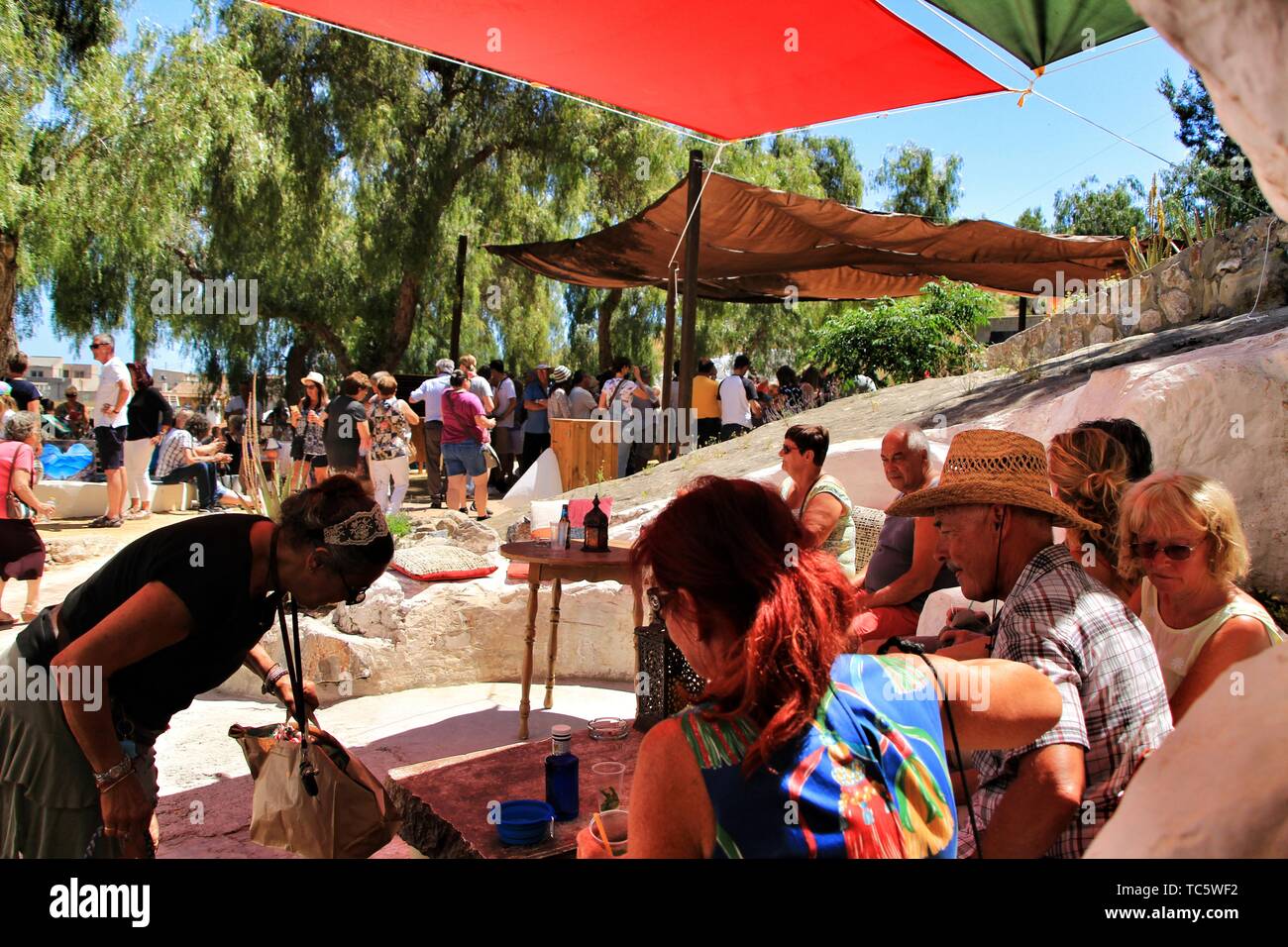 Rojales, Alicante, Spain- June 2, 2019: People enjoying at the terrace ...