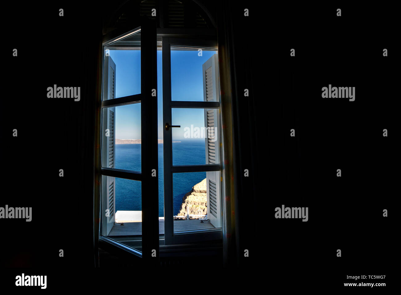 Window with view of sea , Santorini, Greece Stock Photo - Alamy