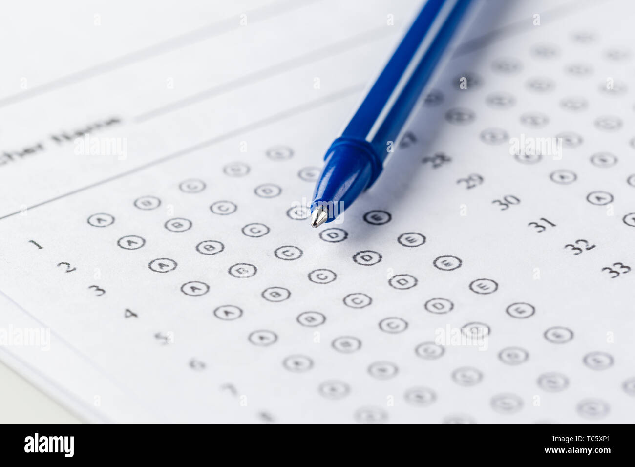 Test score sheet with answers Stock Photo - Alamy