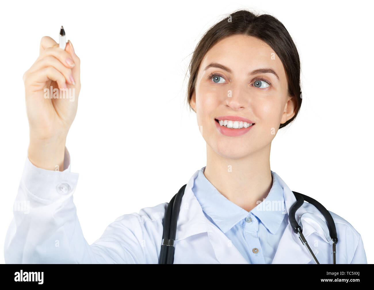 Young woman doctor making presentation isolated on white background ...