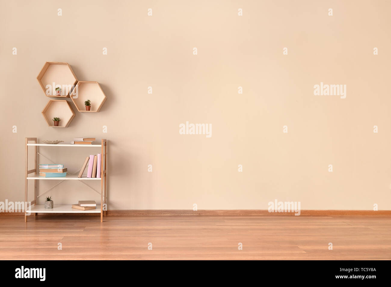 Stand and shelves in modern room Stock Photo - Alamy