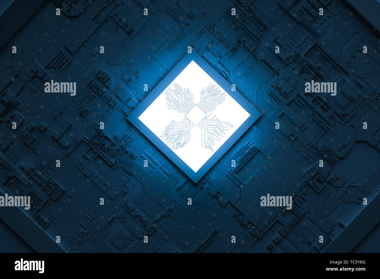 Three-dimensional rendering, circuit board with blue chip Stock Photo ...