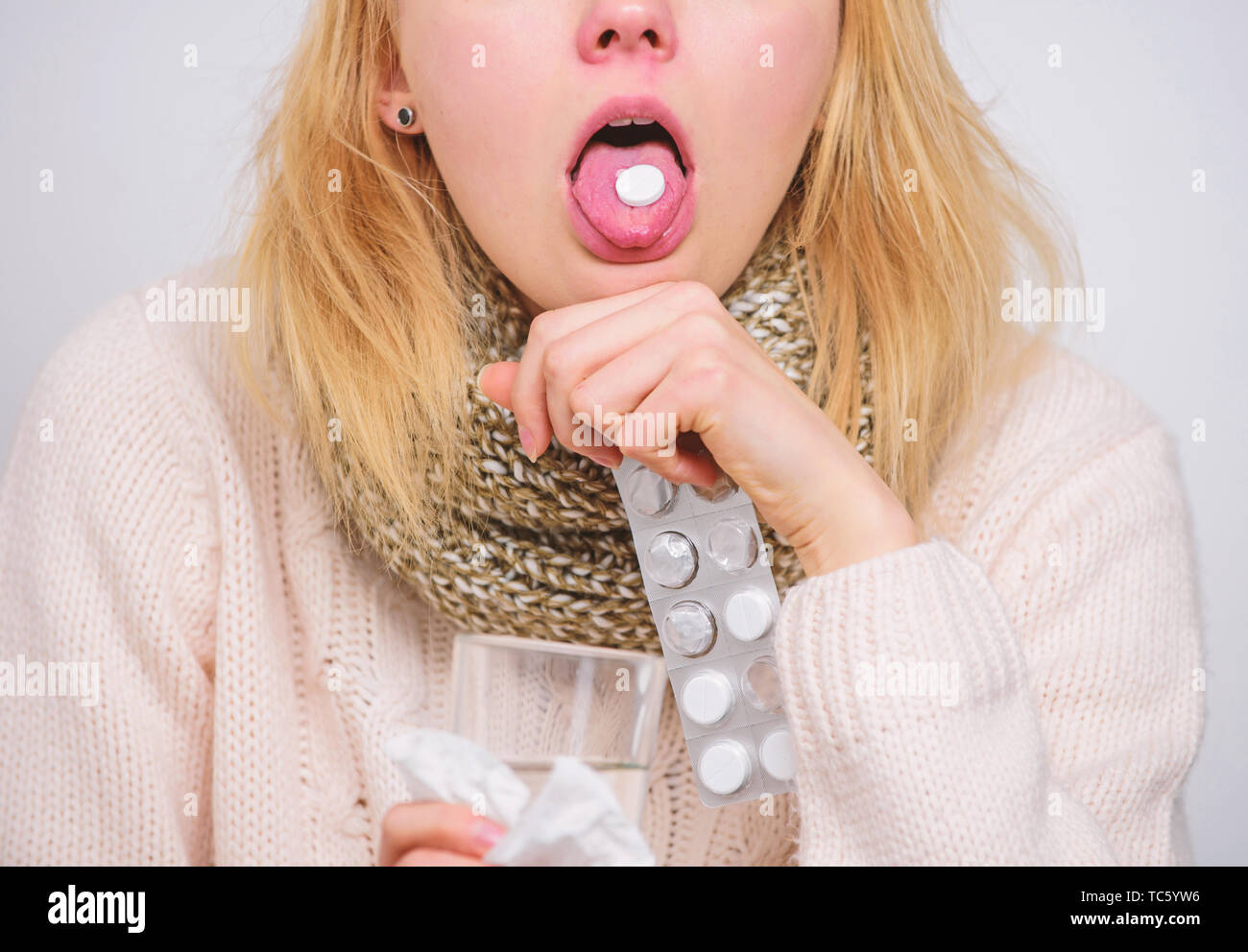 Woman sick person hold glass water and tablets blister. Take pills ...