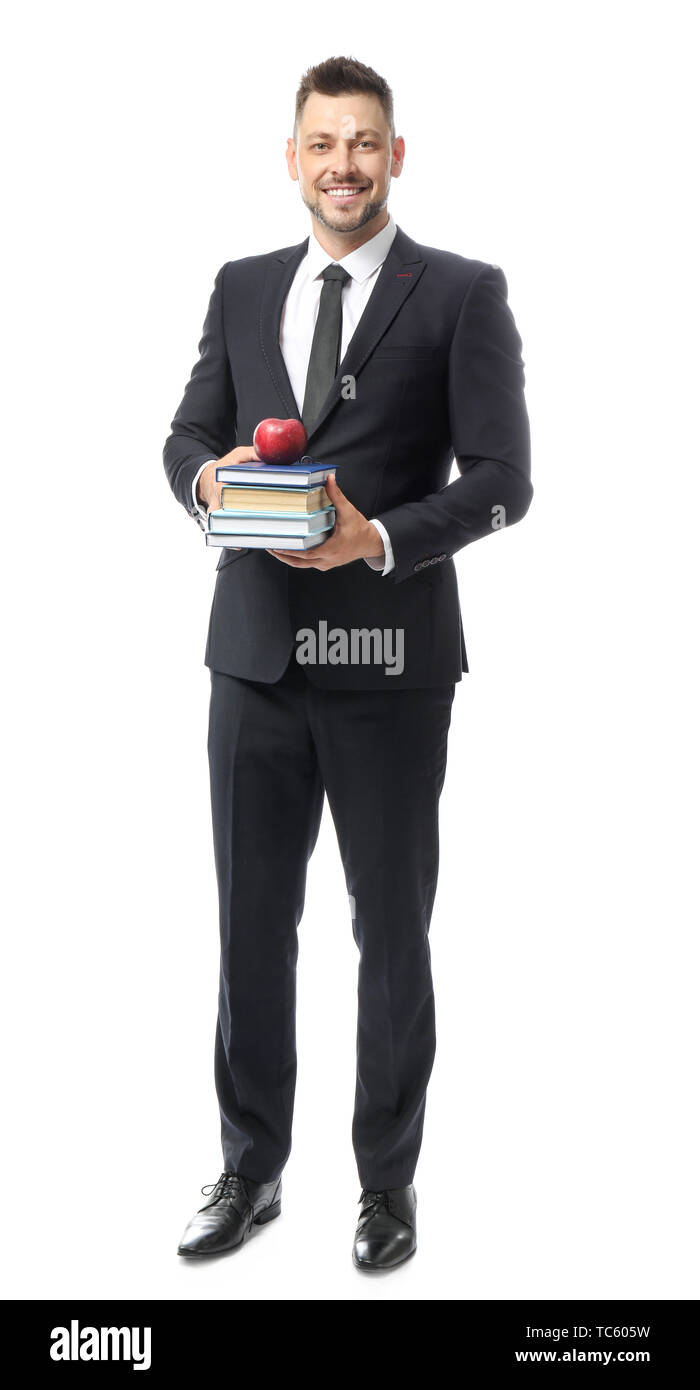 Handsome male teacher with books on white background Stock Photo - Alamy