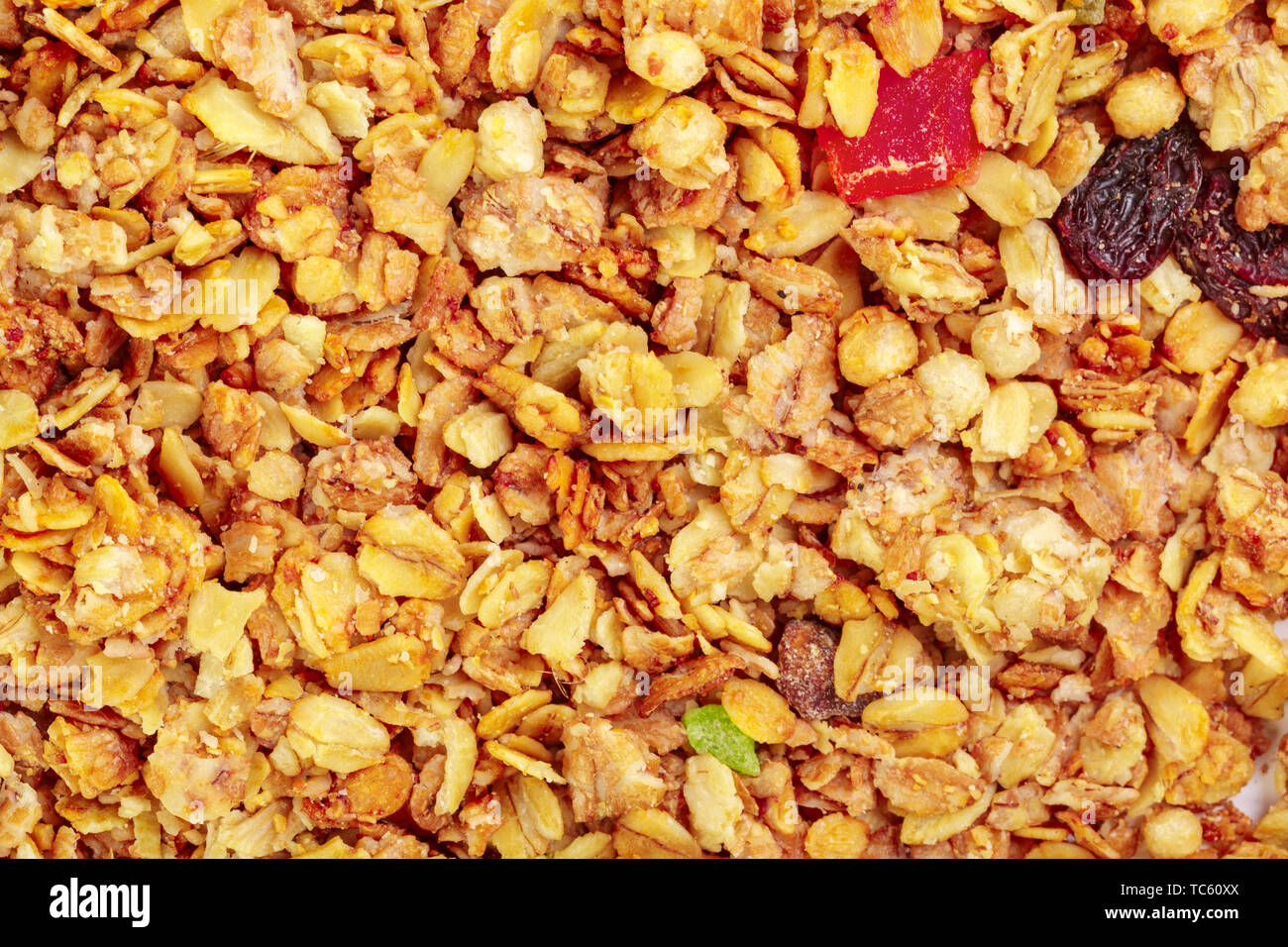 Homemade roasted granola on baking sheet breakfast food background ...