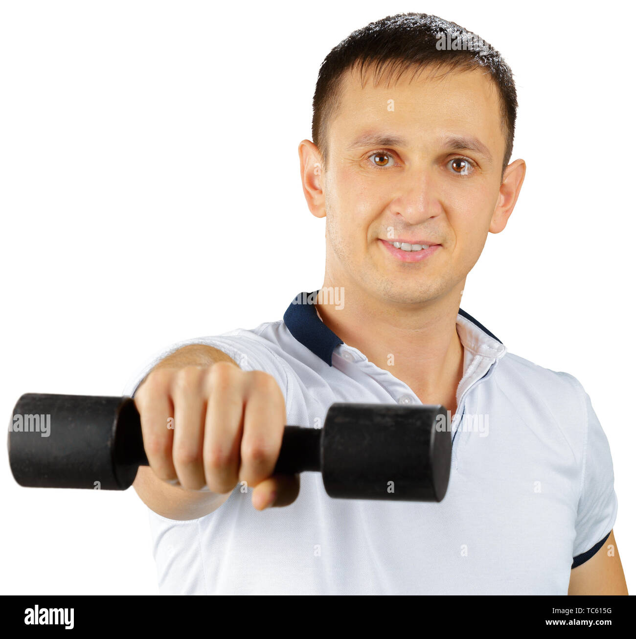 Middle-aged man in sporty outfit doing exercises isolated on white ...