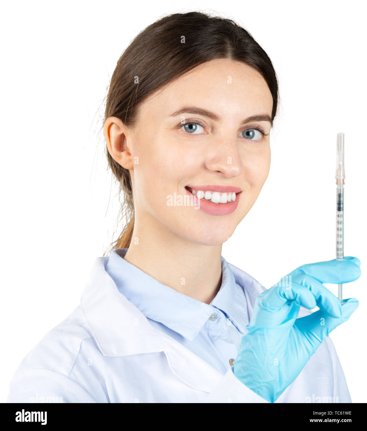 Young woman doctor making presentation of a medicine isolated on white ...