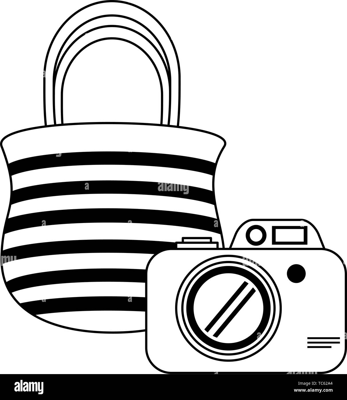 Photographic camera and bag cartoon isolated in black and white Stock ...