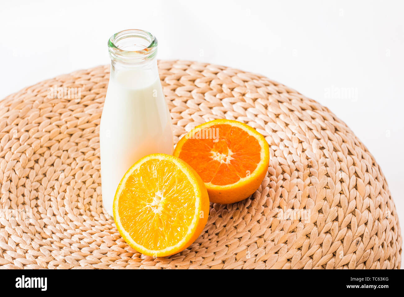 Fresh fruit, milk, orange juice Stock Photo - Alamy