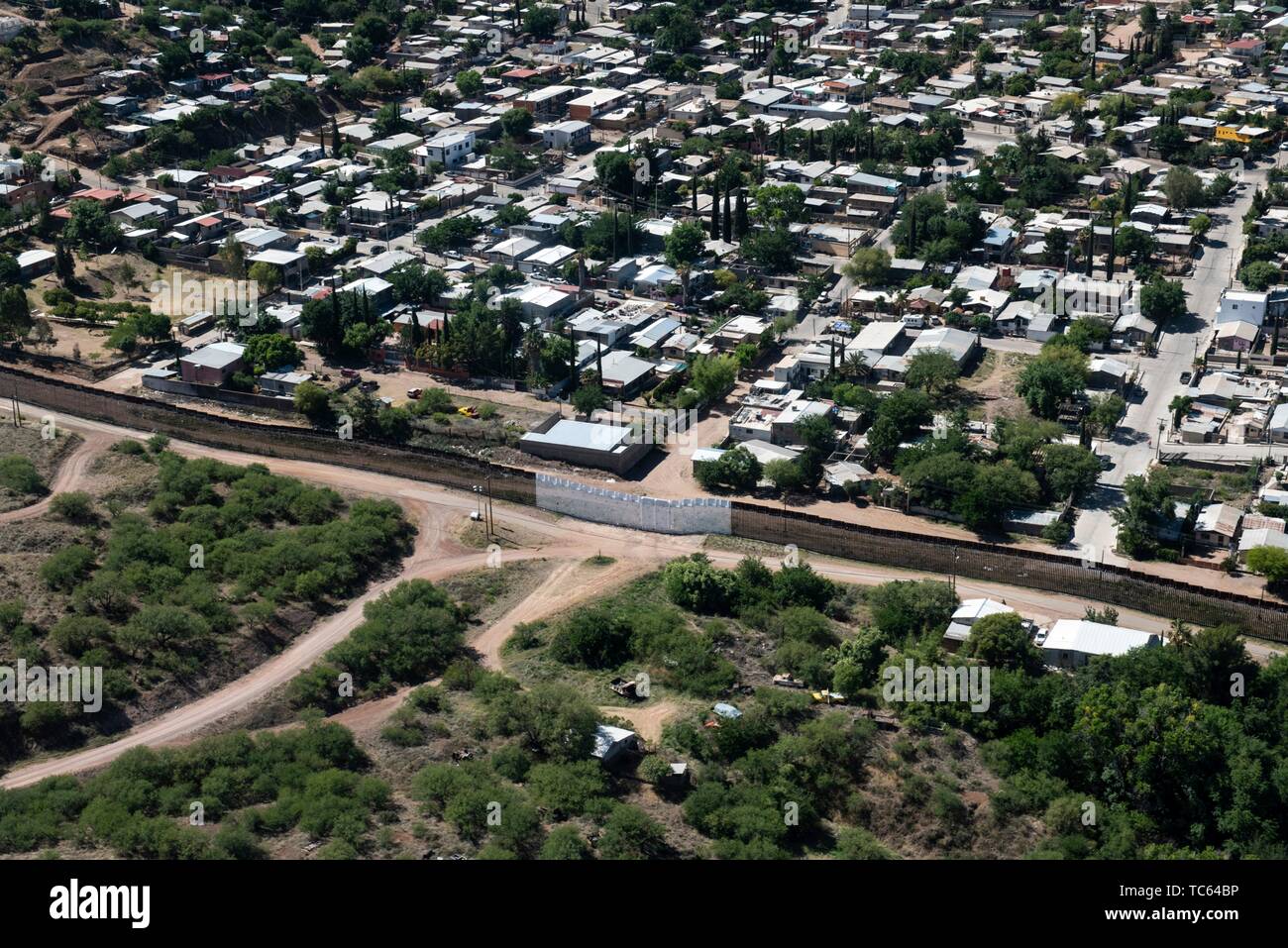 Aerial view of the U.S. border separating Mexico from the United States ...