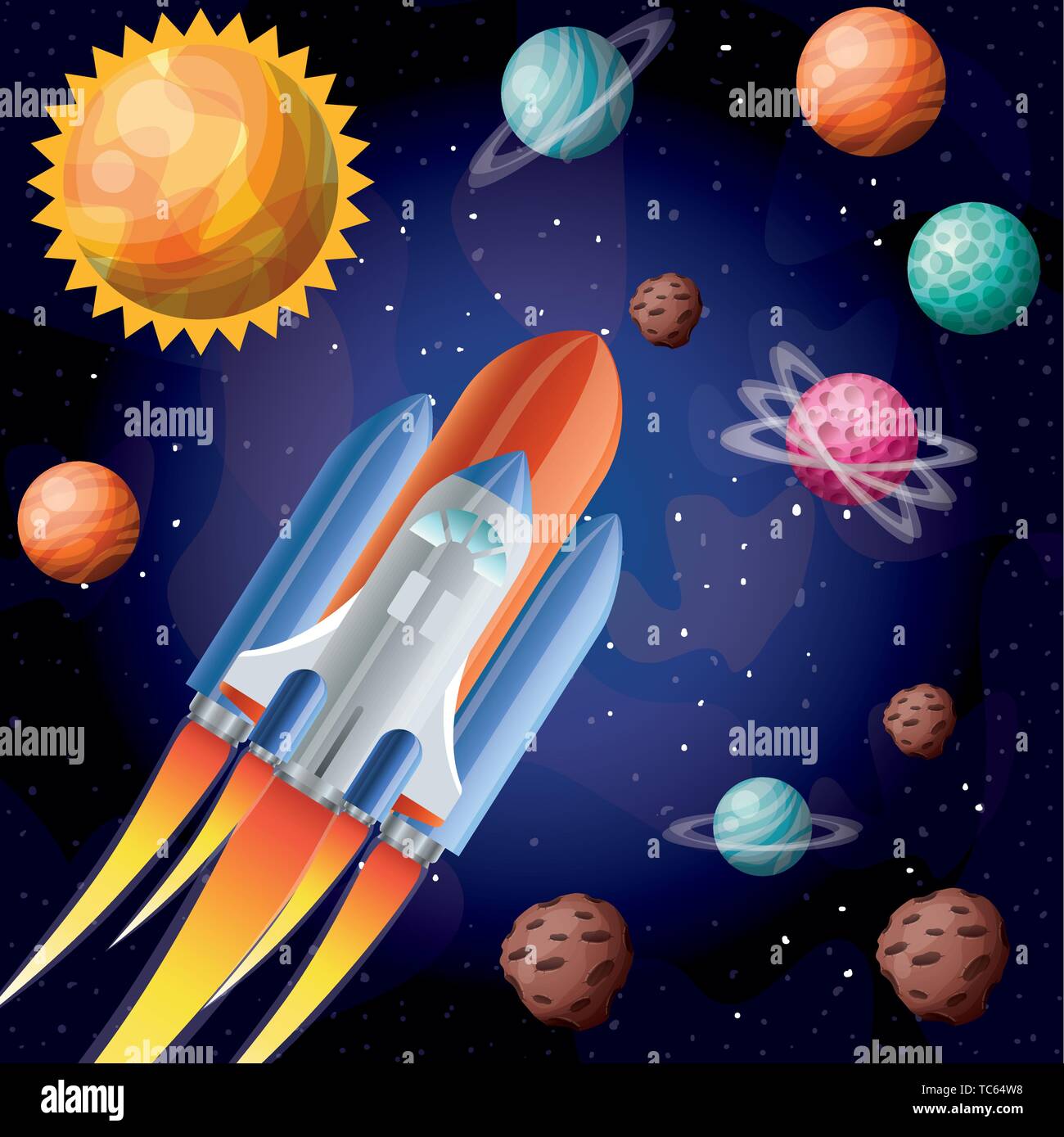 Rocket with flame and planets design vector illustration Stock Vector ...