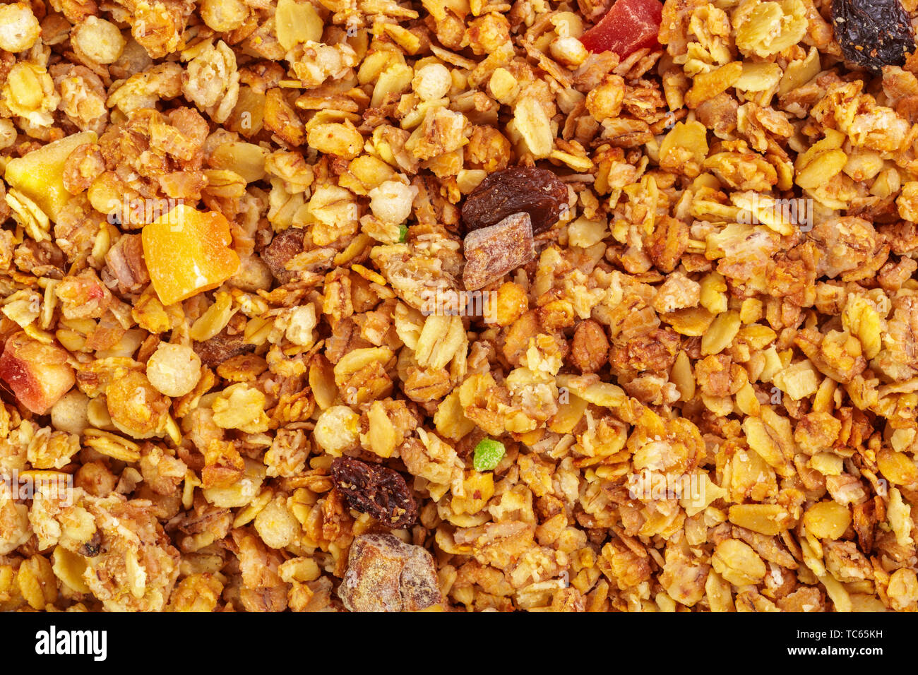 Homemade roasted granola on baking sheet breakfast food background ...