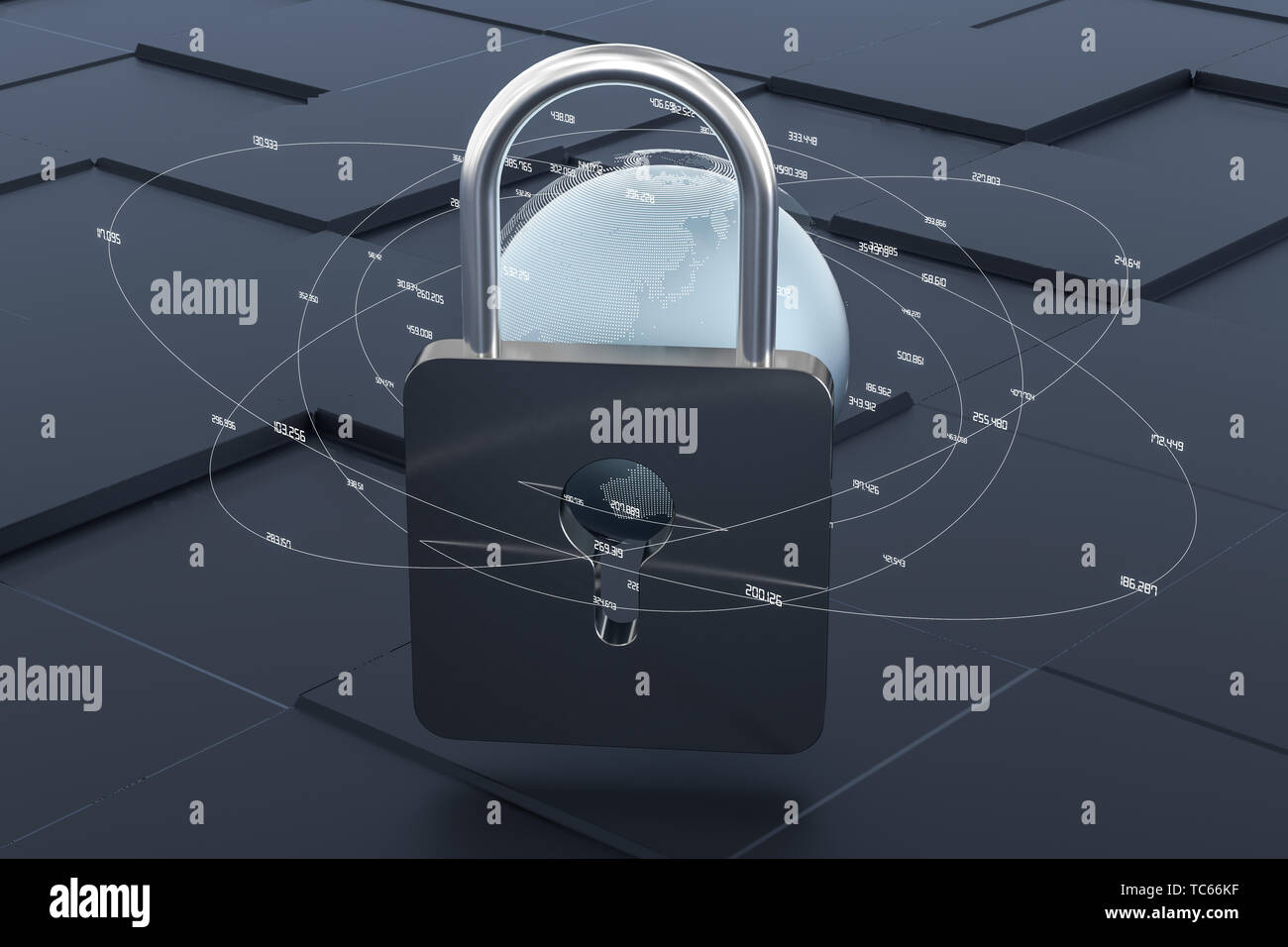 Three-dimensional rendering, metal encryption lock with tech background ...