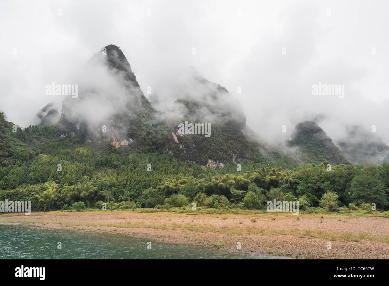 Landscape of the Li River in Guilin, China in the smoke and rain Stock ...