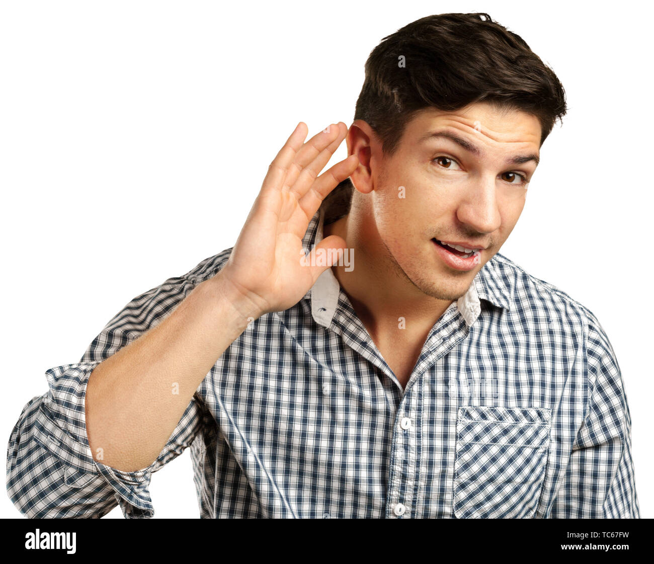 man having hearing problem listening to something Stock Photo - Alamy