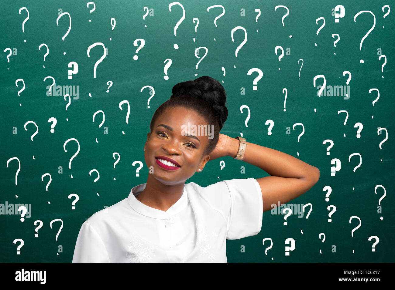 Clueless woman question mark hi-res stock photography and images - Alamy