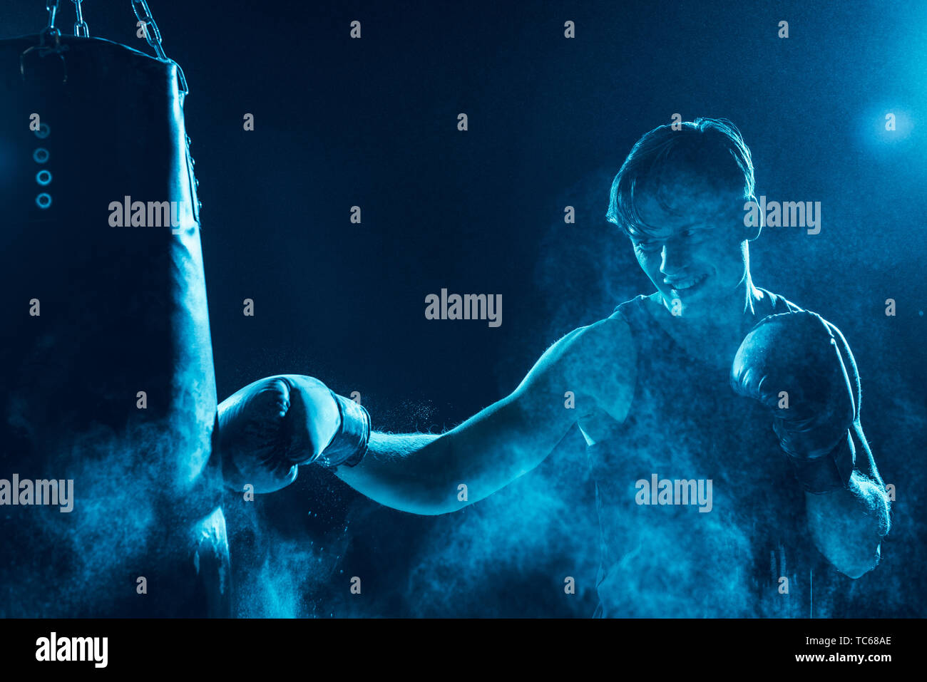 Aggressive boxer in boxing gloves training with punching bag Stock ...