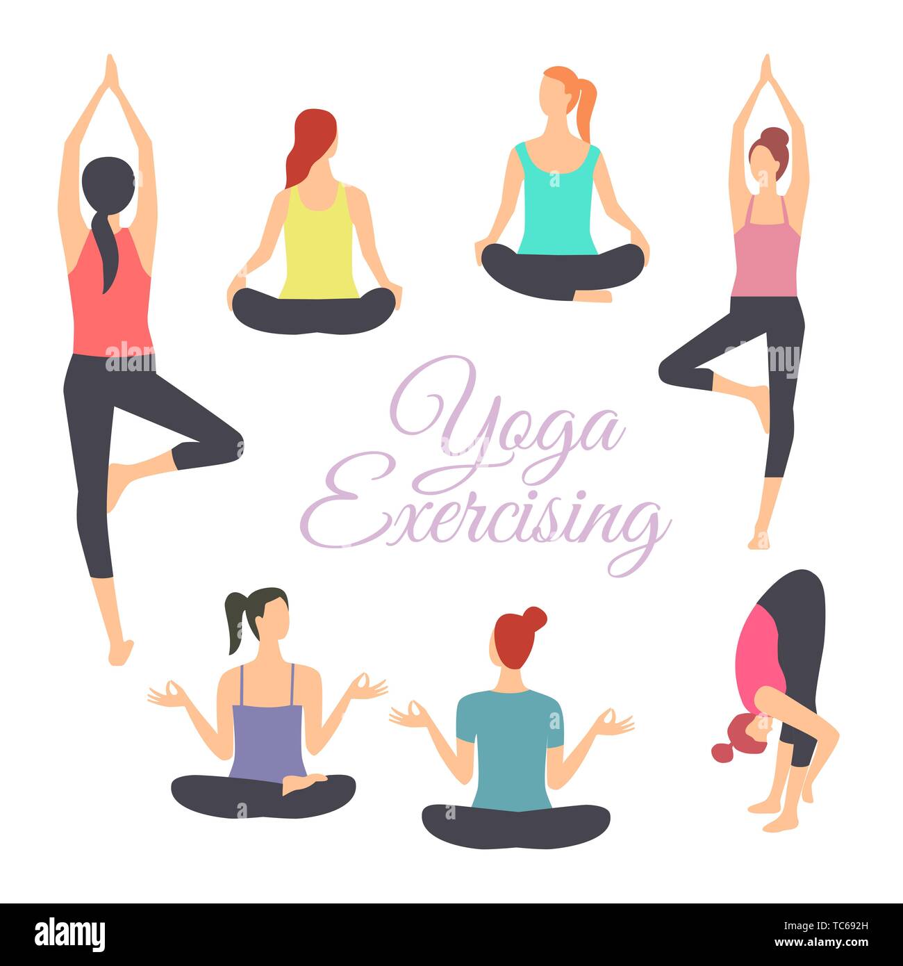 Girls exercising yoga flat hand drawn vector color characters set Stock ...