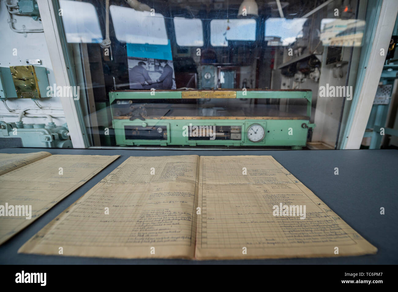 London, UK. 06th June, 2019. The ships original log, in front of the ...