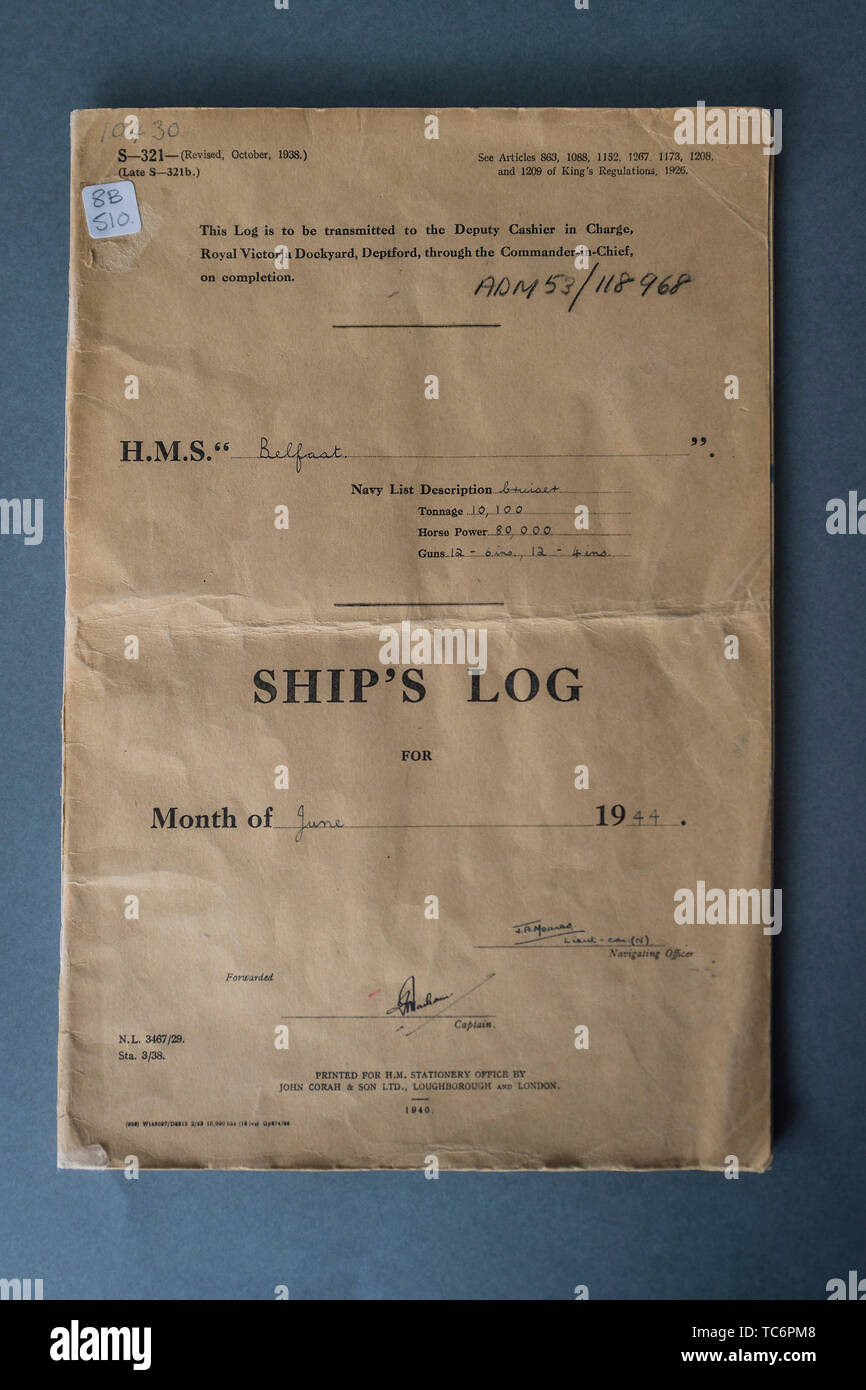 London, UK. 06th June, 2019. The cover of the ships original log from D ...