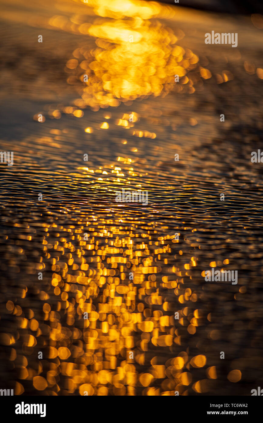 sunset light reflection in the beach wet sand and water. abstract ...