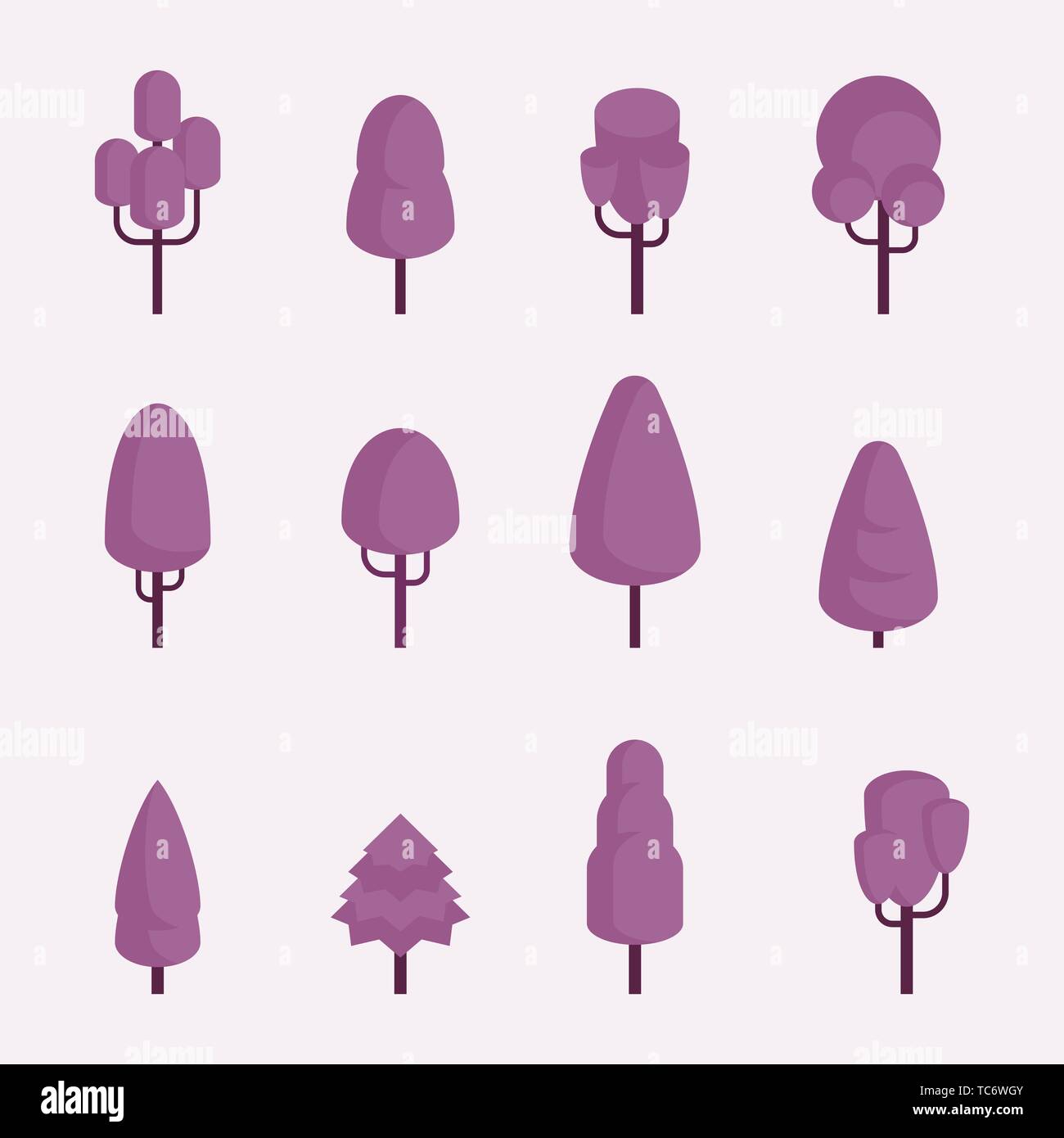 Set of violet flat vector trees. Flat cartoon style Stock Vector Image ...