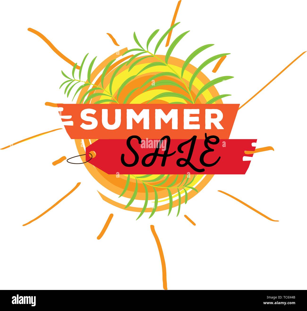 Sun with text and leaves. Summer sale label - Vector Stock Vector Image ...