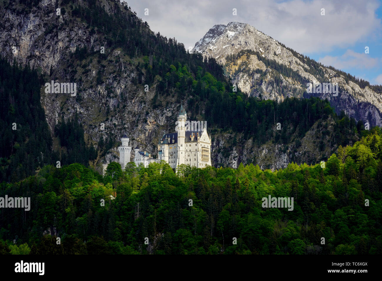 Fabulous Neuschwanstein Castle in the Bavarian alpine landscape of ...