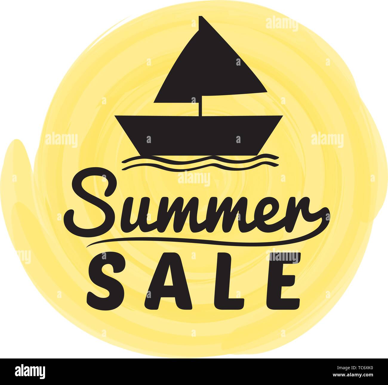 Sun with text and a silhouette of a boat. Summer sale label - Vector ...