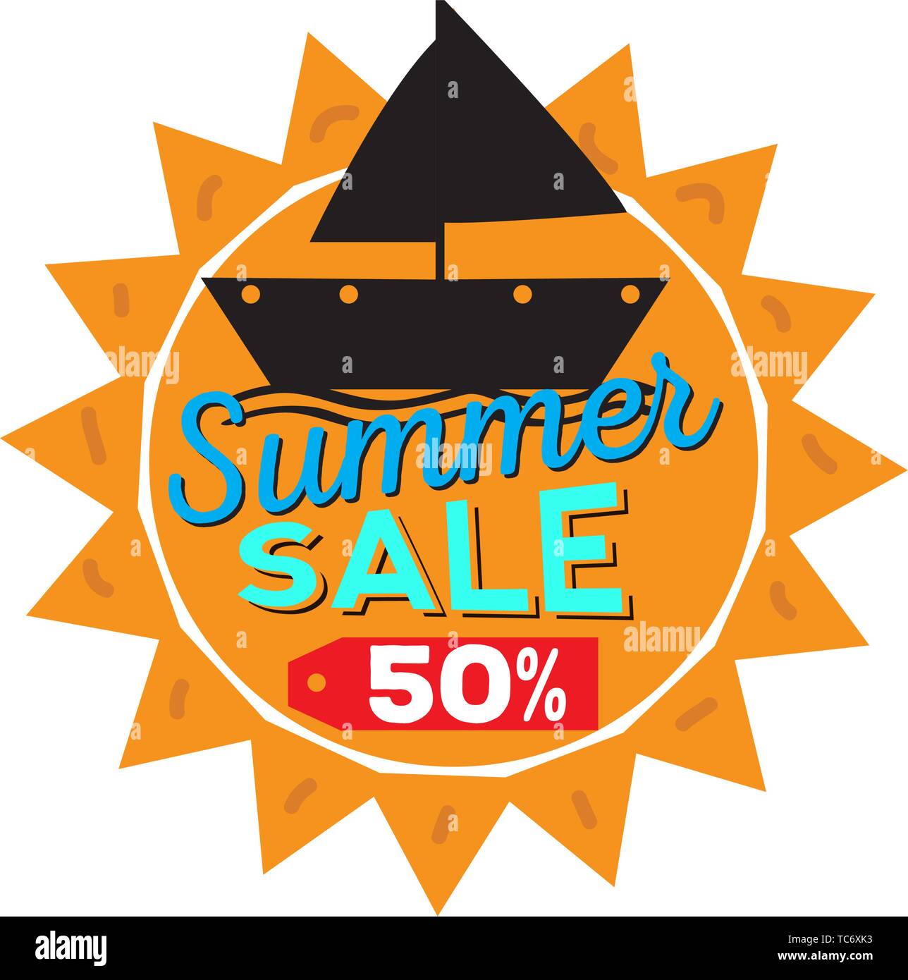 Sun with text and a silhouette of a boat. Summer sale label - Vector ...