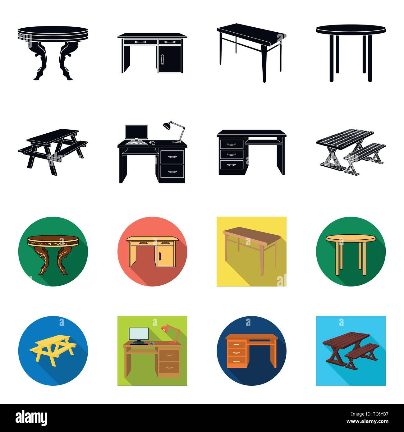 Vector illustration of table and wooden symbol. Collection of table and ...