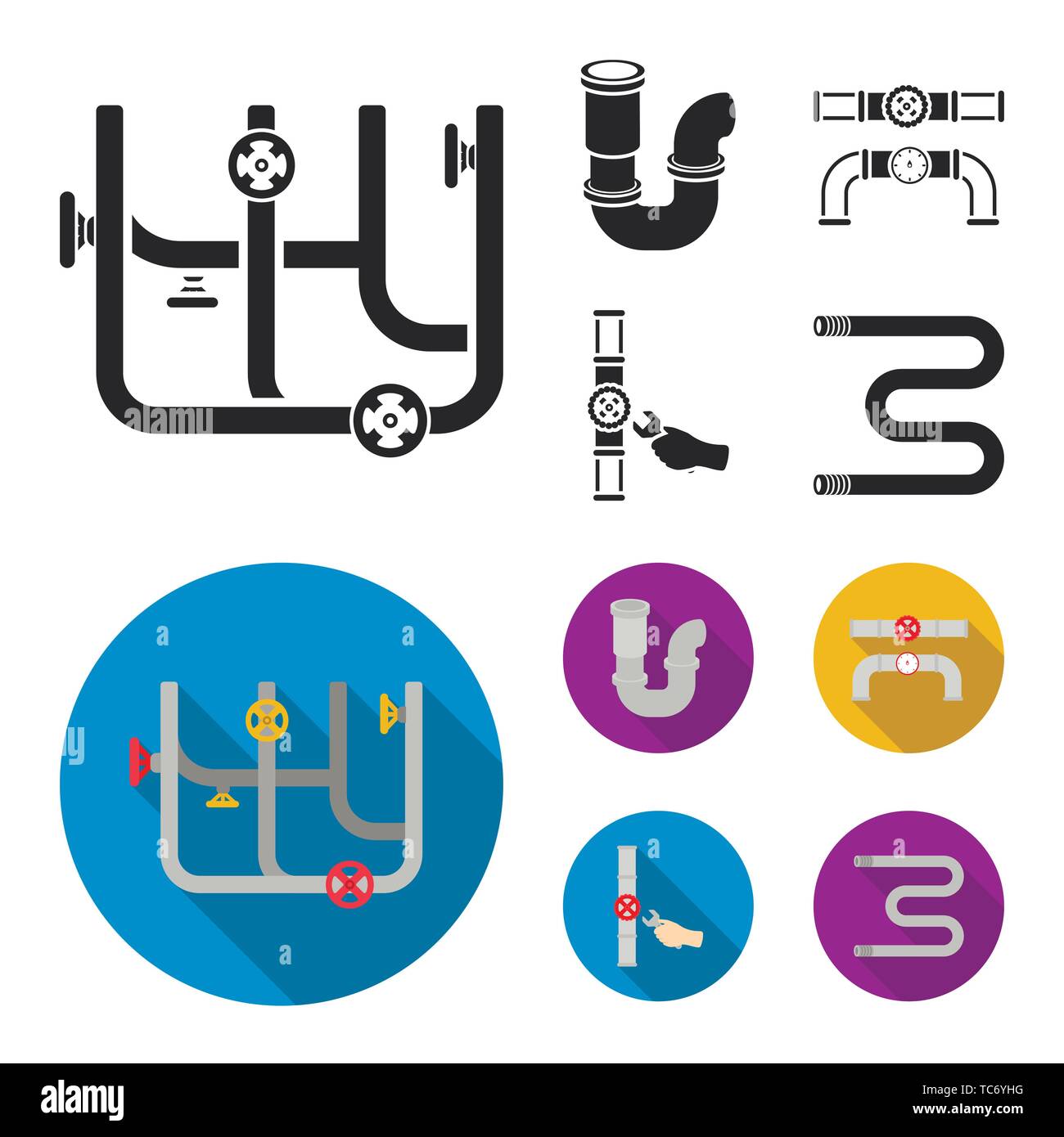 Vector illustration of pipe and plumbing sign. Set of pipe and metal ...