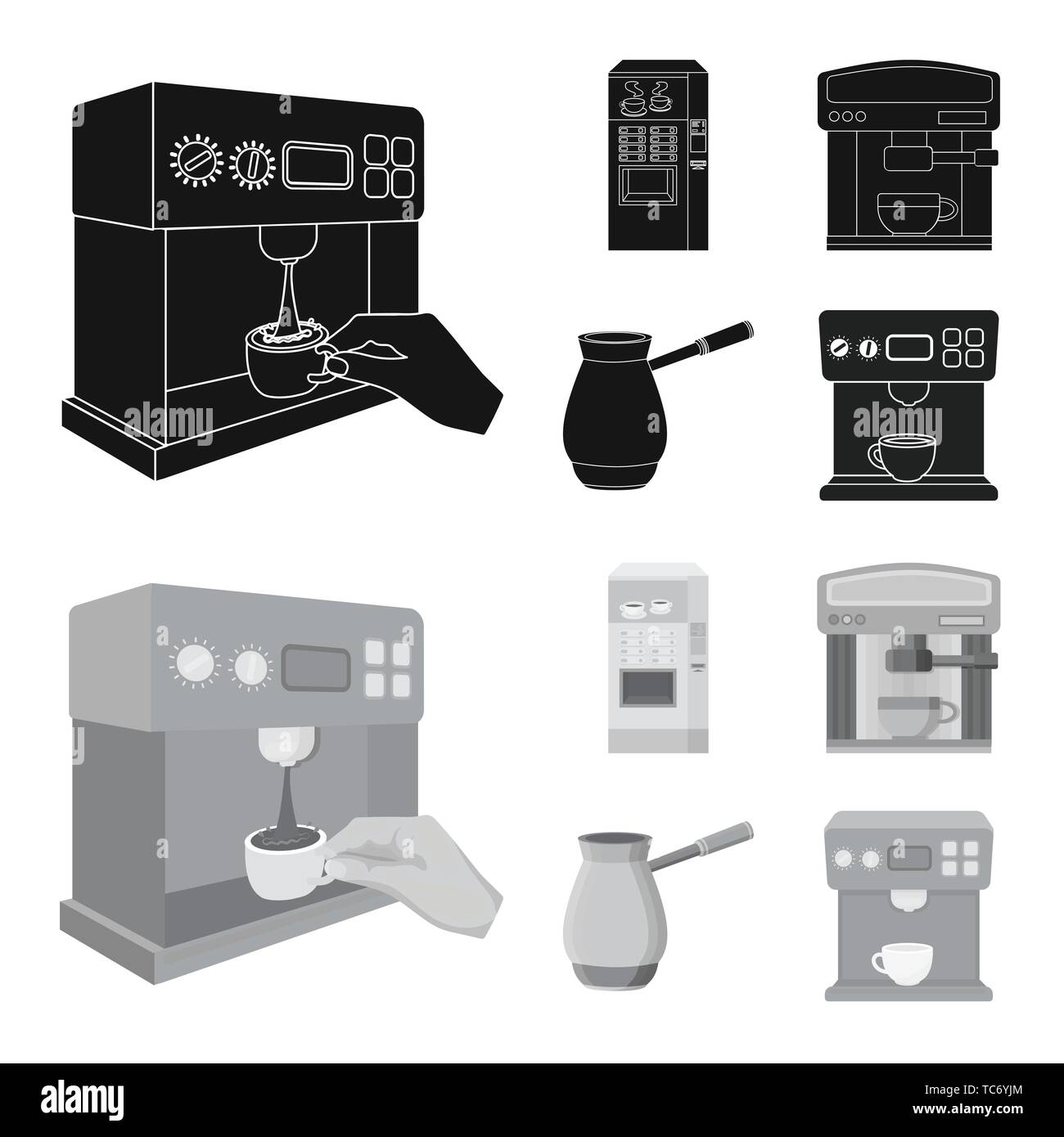 Vector illustration of coffee and machine sign. Collection of coffee ...