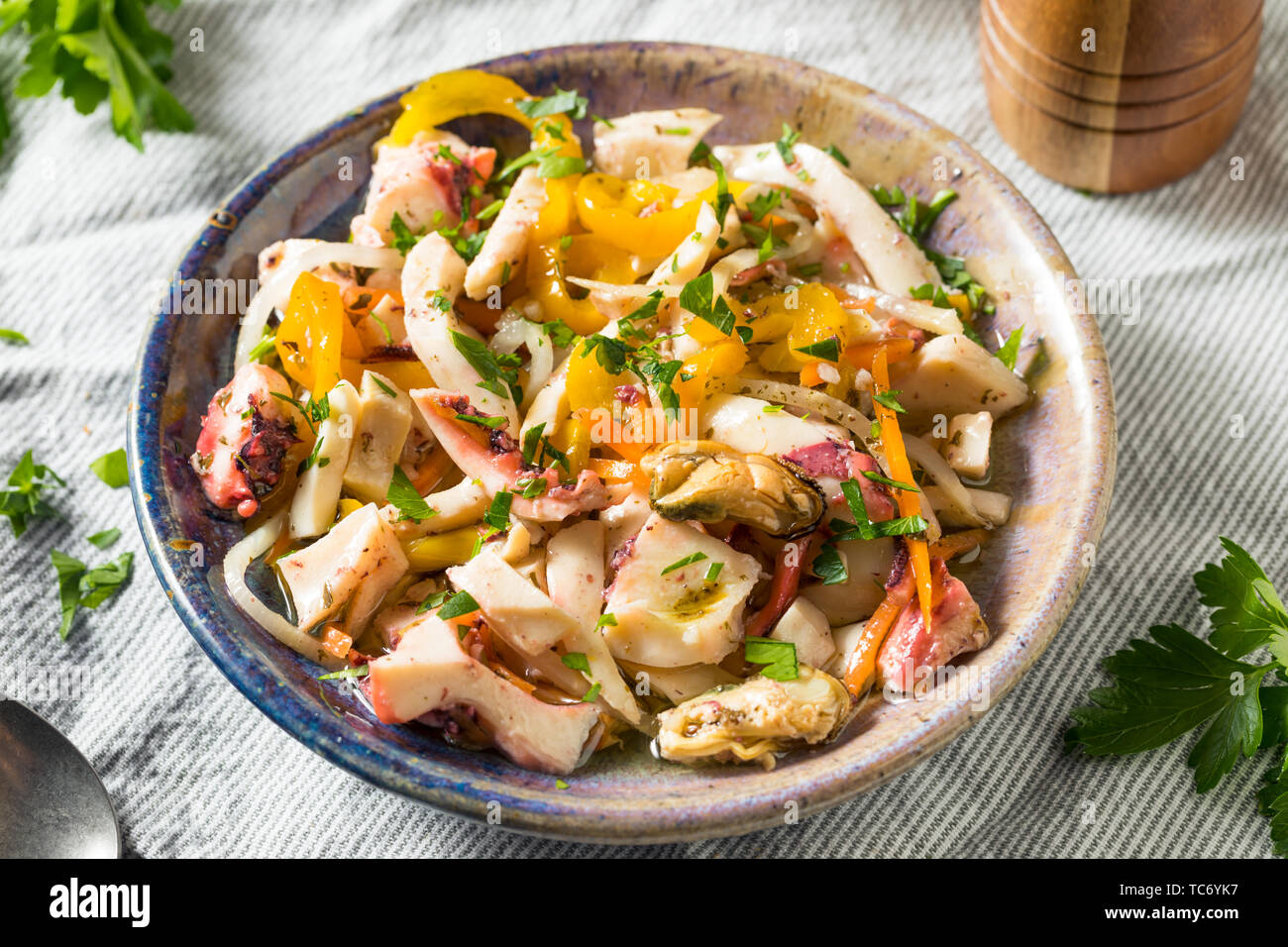 Homemade Cold Seafood Salad with Fish Mussels and Octopus Stock Photo ...