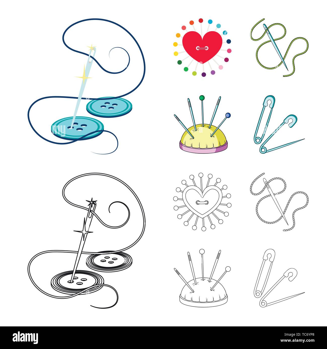 Isolated object of pin and sewing symbol. Set of pin and sketch stock ...