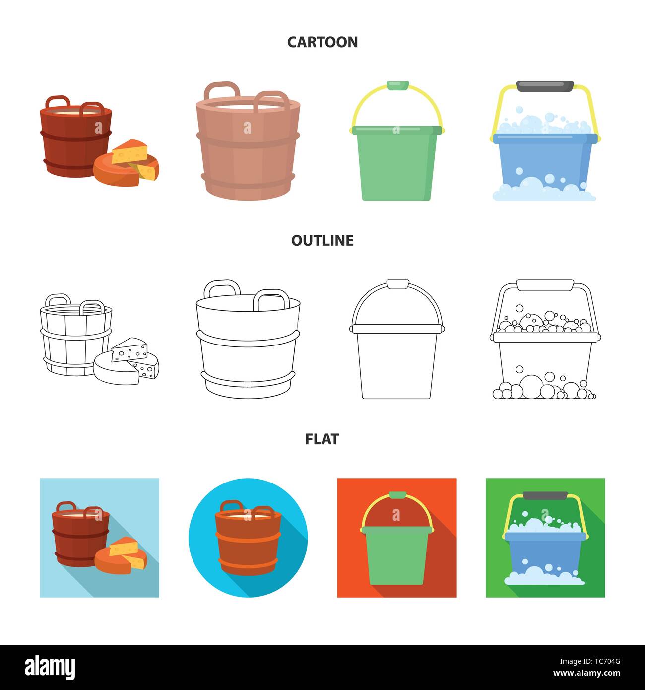 Vector illustration of bucket and water symbol. Set of bucket and full ...