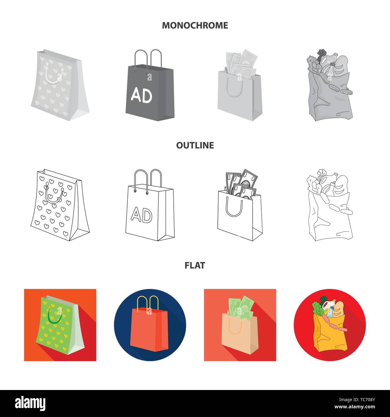 Vector illustration of package and food symbol. Collection of package ...
