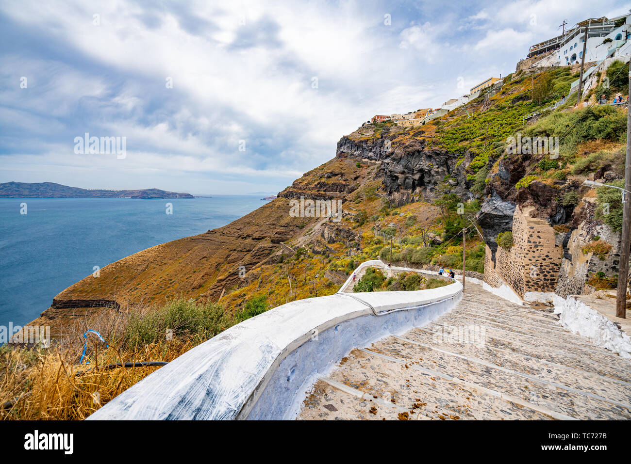 Panoramic View of Port, Cable Car, Teleferic, in Santorini Island in ...